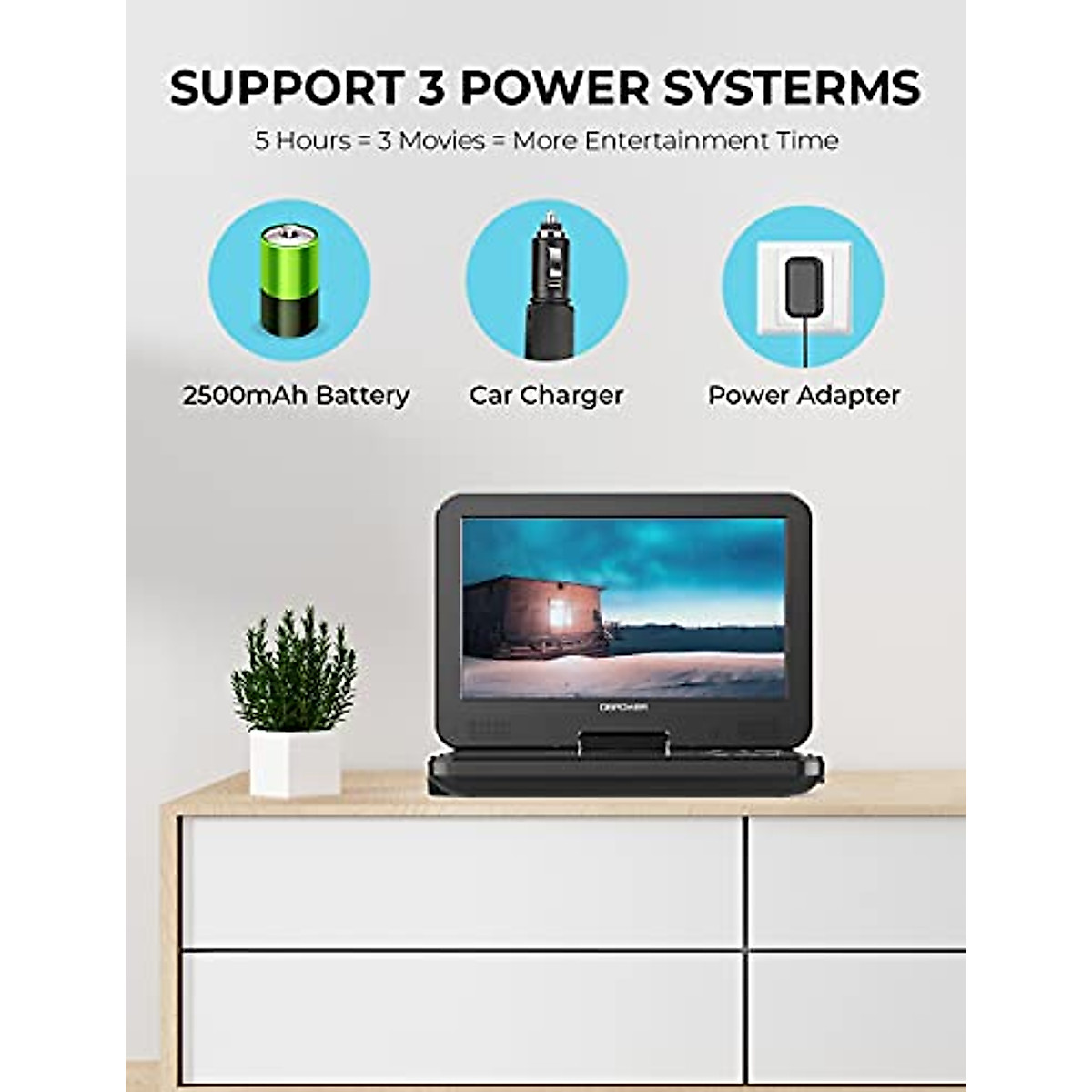 DBPOWER 12" Portable DVD Player with 5-Hour Rechargeable Battery, 10" Swivel Display Screen and SD/ USB Port, with 1.8m Car Charger, Power Adaptor and Car Headrest Mount, Region Free (Black)