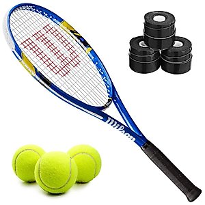 Wilson U.S. Open Pre-Strung Recreational Tennis Racquet (4 3/8" Grip) Set Bundled with Black Overgrips and a Can of Tennis Balls