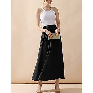 DOUBLJU Casual High Waisted Maxi Skirts with Pocket Elastic Wide Waist Band Flare Long Basic Skirts for Women Trendy Summer
