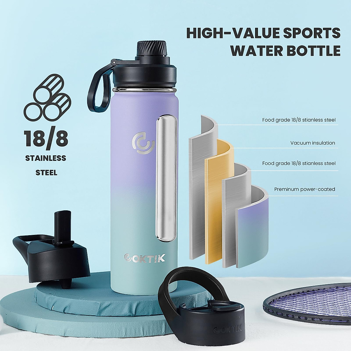 COKTIK Insulated Stainless Steel Water Bottle With Straw Lid, 22 oz Wide Mouth Double Wall Vacuum Insulated Water Bottle Leakproof Lightweight for Hiking, Biking, Running(Sweet Candy)