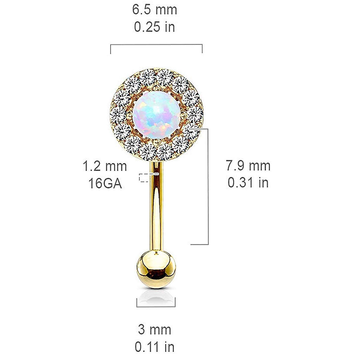 Prong Set Opal Center with CZ Paved Surrounding 316L Surgical Steel Eyebrow Rings/Curved Barbells (Rose Gold/Opal White)
