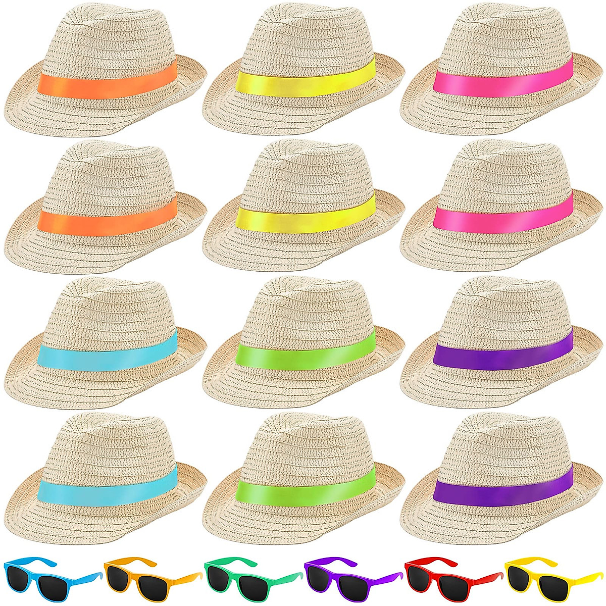 Newcotte 24 Pcs Party Hats, Straw Hats, Fedoraa Hat Bulk, Havana Cubans Party Hats with Sunglass Hawaiian, Birthday Party Supplies