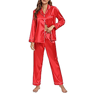 HPWUZK Women's Silk Satin Pajamas Set Long Sleeve Sleepwear Soft Pjs Set Two Piece Button Down Loungewear Pj Set,Red,X-Large