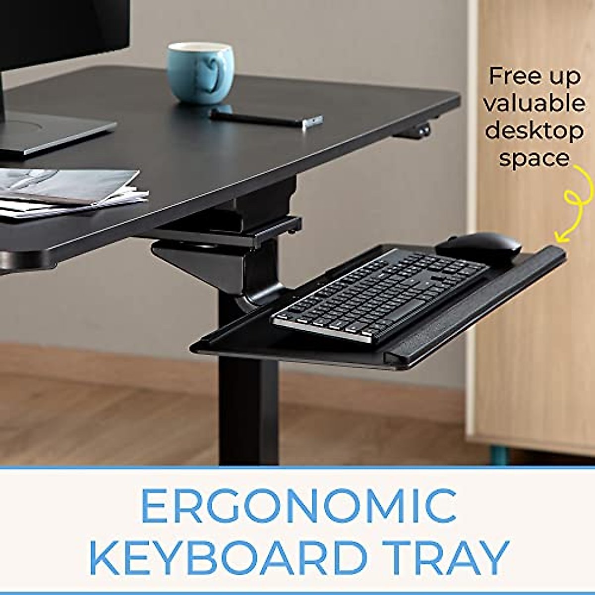 Stand Steady Under Desk Keyboard Tray | Adjustable Tilting Keyboard Shelf for Ergonomic Typing | Screw-On Under Desk Storage with Cable Clips (Tray Specs: 26.5in x 10in | Overall Specs: 26.5in x 17in)