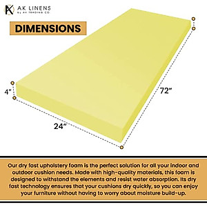 AK TRADING CO. Durable and Water-Resistant Dry Fast Foam for Indoor and Outdoor Furniture Cushions - 4" Thick x 24" Wide x 72" Long