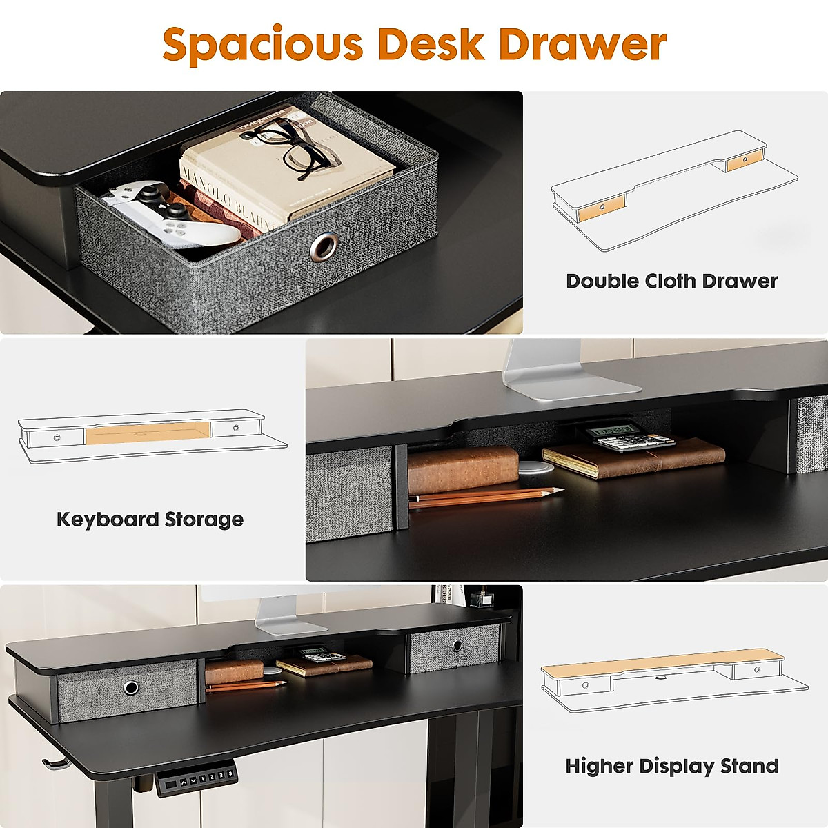 Sweetcrispy Height Adjustable Electric Standing Desk with Storage Shelf Double Drawer, 40 x 24 Inch Stand up Desk, Sit Stand Desk with Splice Board