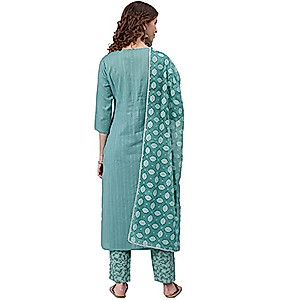 Janasya Women's Blue Cotton Kurta With Pant And Printed Dupatta