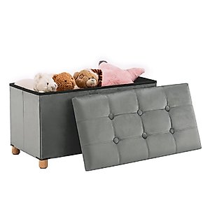 YOUDENOVA 30 Inches Folding Storage Ottoman Bench, Velvet Storage Chest, Footrest Couch with Wooden Legs, Support 350lbs for Bedroom, Living Room, Hallway, Grey
