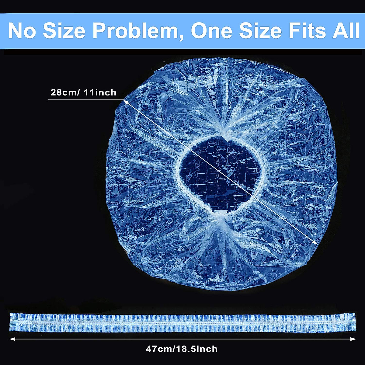 100+10 Shower Caps Disposable, Waterproof Plastic Bath Caps, Elastic Hair Processing Caps for Women Man Kids Girls, Hotel, Home Use (Blue)