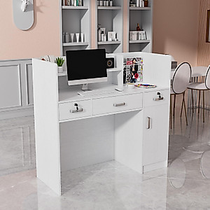 OmySalon Modern Reception Desk, Front Desk Counter with Lockable Drawers and Moveable Shelves, Receptionist Desk Retail Checkout, for Lobby Beauty Salon Office, White (47.2”W x 18.9”D x 43.7”H)
