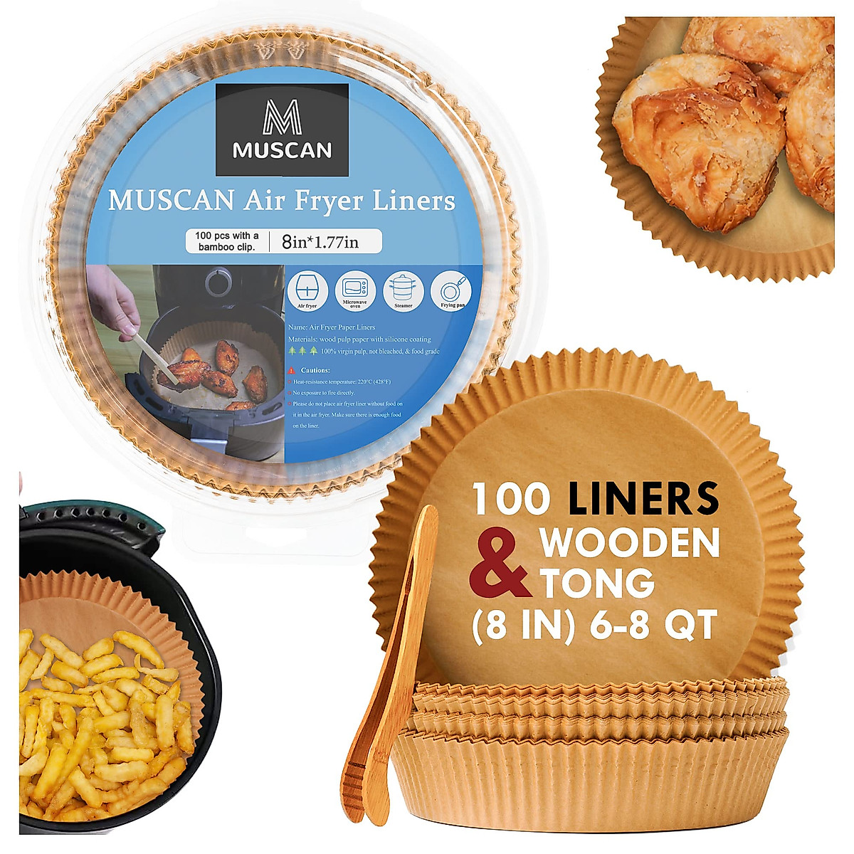 MUSCAN Air Fryer Liners 100 Pcs 8 Inches Round with Wooden Tong Disposable Large Oil Resistant, Waterproof, Unbleached Parchment Paper, Air Fryer Accessories for Air Frying, Baking, Roasting Microwave