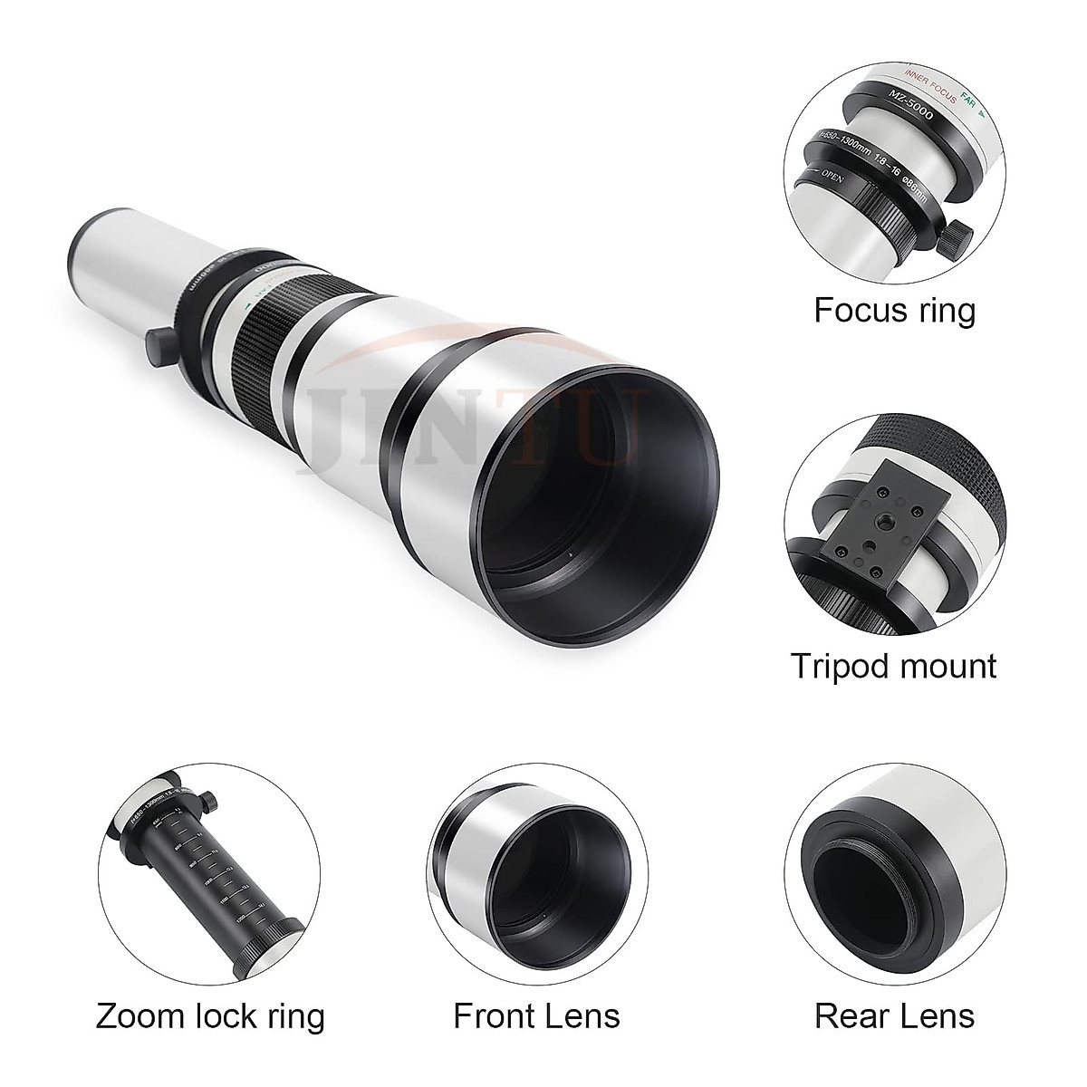 JINTU 650-1300mm f/8 Manual Telephoto Zoom Lens + T-Mount for Canon EOS Rebel SL2 SL1 T3 T3i T4i T5 T5i T6 T6i T6s T7 T7i 4000D 850D/SL3/SL2 6D Mark II/5D Mark IV/90D/80D/77D DSLR SLR Cameras