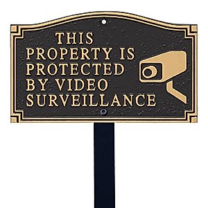 SmartSign 5.75 x 9.5 inch “This Property Is Protected By Video Surveillance” GardenBoss Statement Plaque with 18 inch Lawn Stake, 375 mil Rustproof Aluminum, Black and Gold, Set of 1