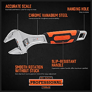 HORUSDY 3-piece Adjustable Wrench Set, 6-Inch 8-Inch & 10-Inch, Metric & SAE Scales, Extra-Wide Jaw Crescent Wrenches Set