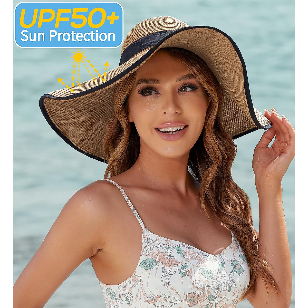 Sun Hats for Women with Ponytail Hole, Wide Brim Beach Hats for Women, Floppy Straw Hat Foldable, Packable Summer Hats Women Khaki