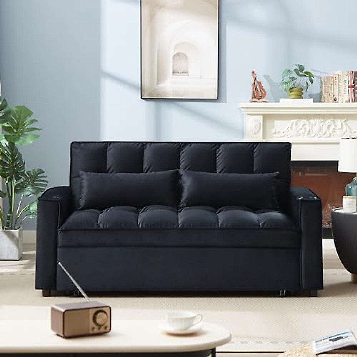 FANYE 3 in 1 Loveseat Pull Out Sleeper Bed, Compact 2 Seater Futon Adjustable Backrest Love Seat Sofa & Couch Convertible Sleep Daybed for Living Room Sofabed, Black Full W/Cupholders and USB Port