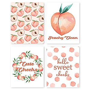 TSUYAWU Bathroom Prints Wall Art Funny Unframed,Watercolor Hello Sweet Cheeks Peachy Clean Cute Peach Prints Set of 4 Posters Peach Home Decor for Bathroom Nursery Toilet Dorm 8x10