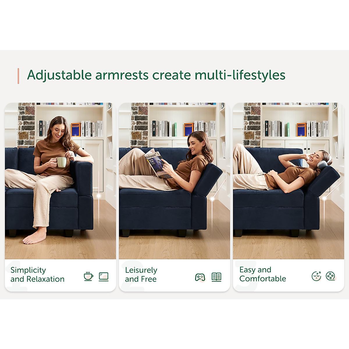 HONBAY U Shaped Modular Sectional Couch with Storage Velvet Sectional Couches for Living Room Blue