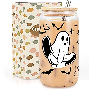 GSPY Halloween Ghost Glass Cups with Lids & Straws - Cute Spooky Iced Coffee Cup, 16 oz Middle Finger Ghost Bat Tumbler Fall Mug, Funny Halloween Gifts, Boo Basket Stuffers for Her Women Adults