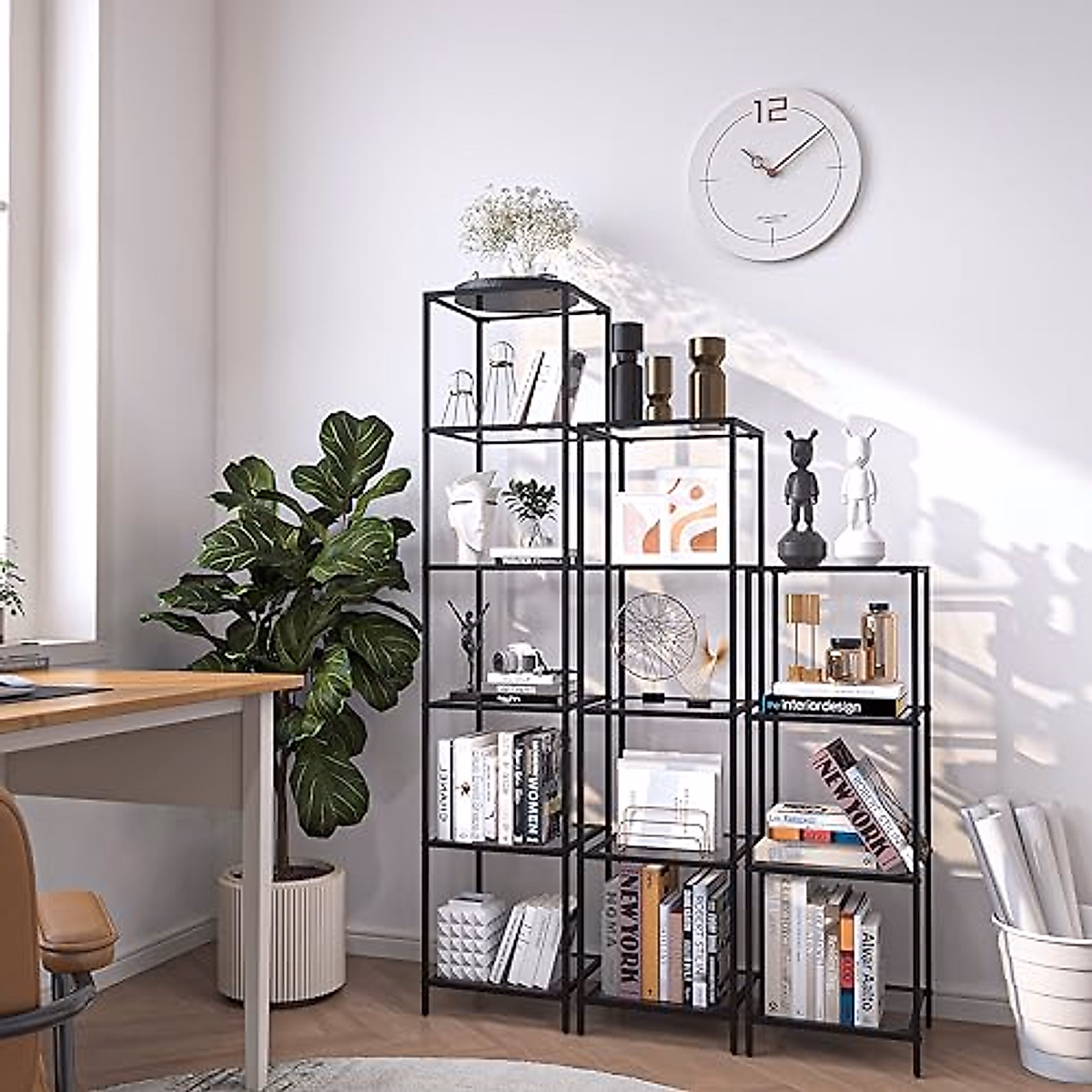 Homhedy 5-Tier Bookshelf,Metal Bookcase,Tempered Glass Shelves,Storage Rack Shelf for Home Office,Living Room,Bedroom, Bathroom,Modern Style, Black