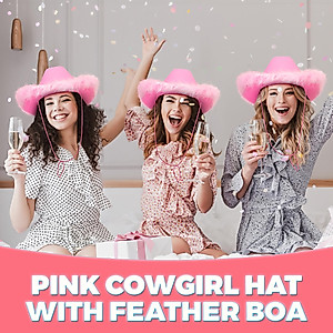 Pink Cowgirl Hat with Feather Boa - Cowboy Hat for Women, Teenage Girls with Fluffy Feather Brim for Bachelorette, Theme Costume Party, Role-Playing Dress-Up, Adult Size