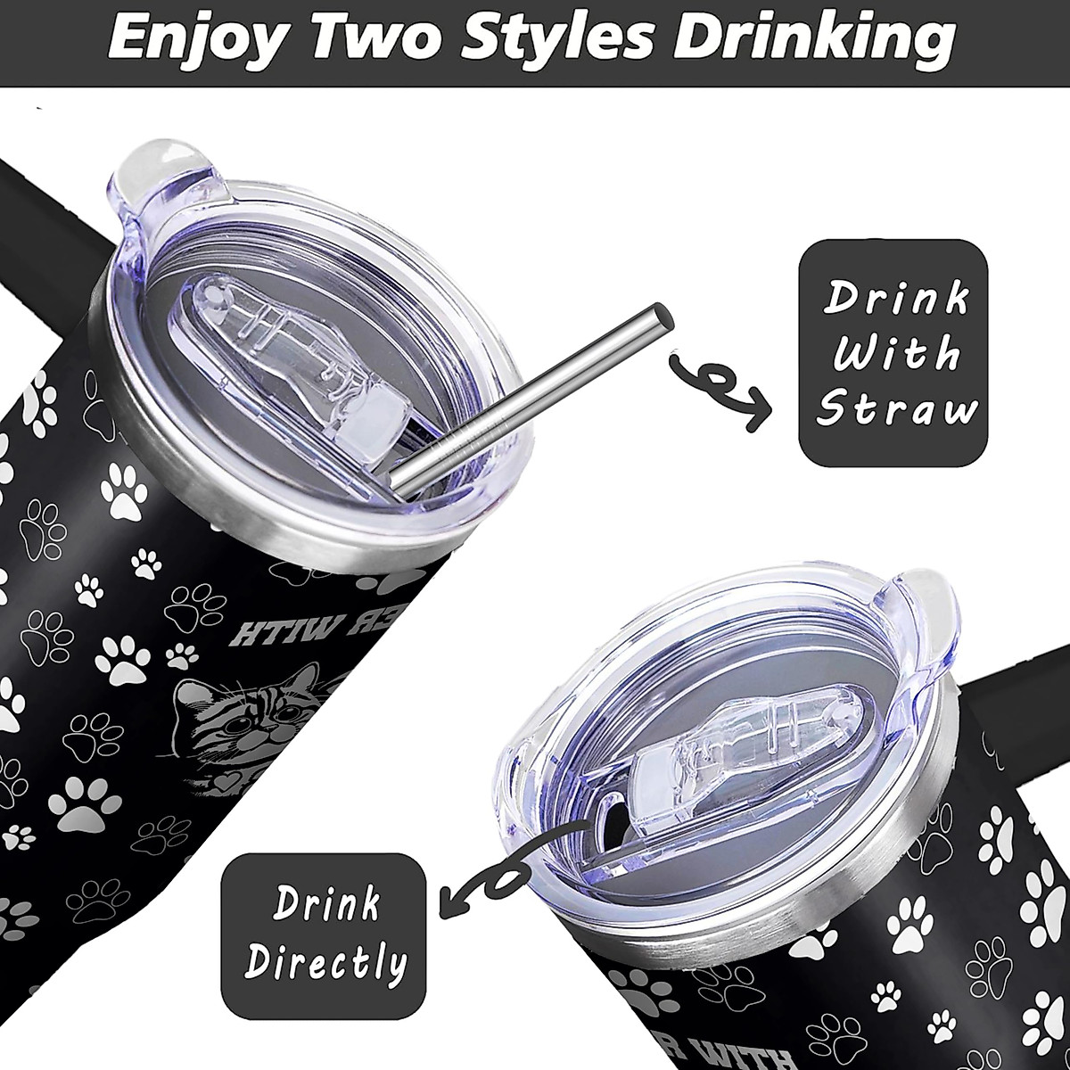 40 Oz Black Cat Tumbler With Handle and Straw, Double Wall Stainless Steel Insulated Mug for Cat Lovers, Mom or Dad - Cups Gifts for Women
