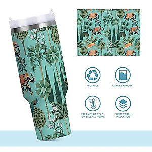 Elephants Peacocks Turquoise 40 oz Tumbler with Lid and Straw Insulated Tumblers with Handle Travel Coffee Mug Cup Large Water Bottles Cup for Men Women Sports Gym
