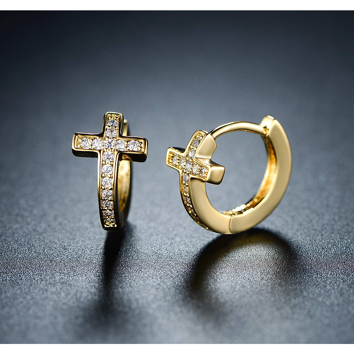 Barzel 18k Gold Plated Crystal Huggies Cross Earrings for Women - Made In Brazil