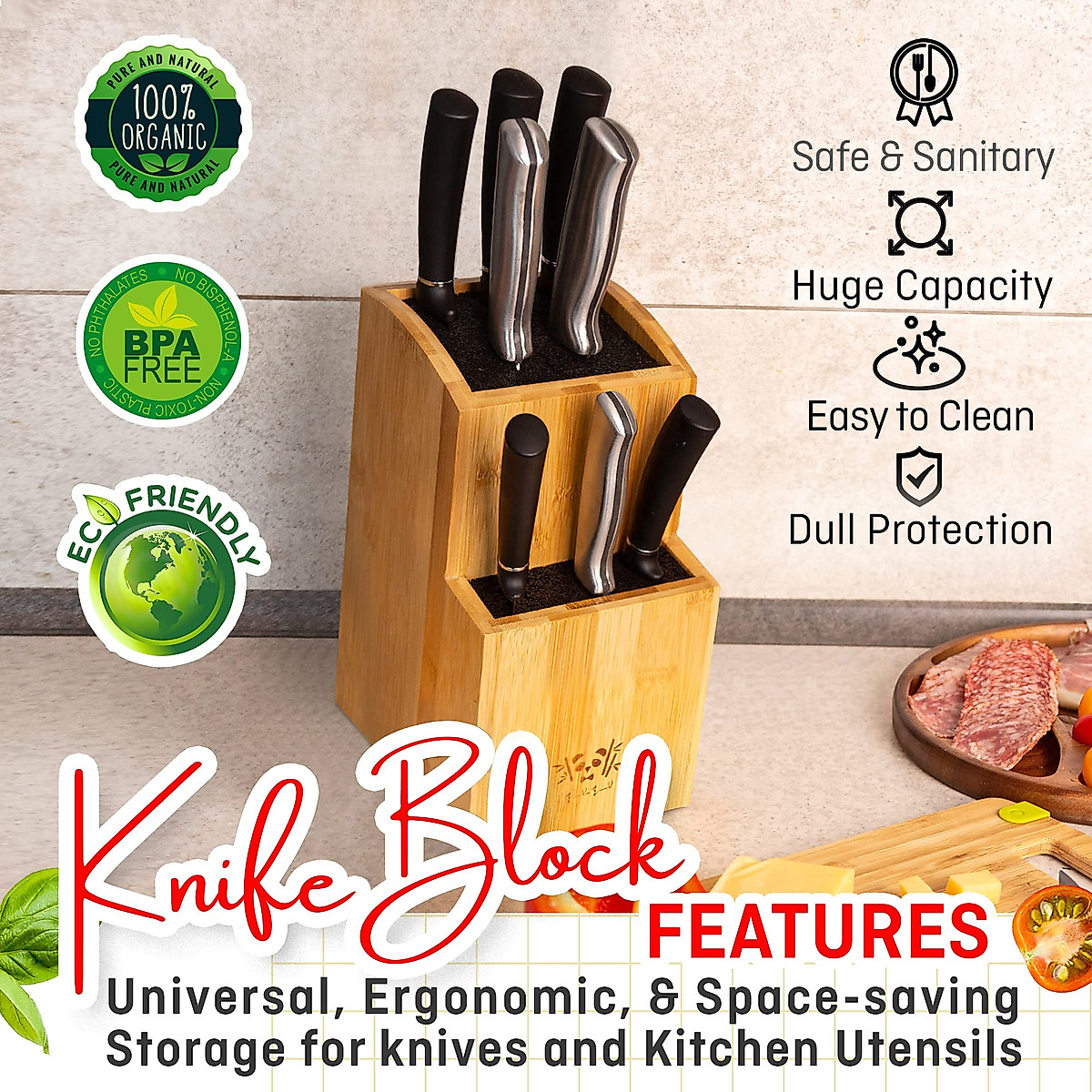 PANDA LAND Bamboo Universal Knife Block Without Knives | Upto 20 Knives Extra Large Capacity Kitchen Knife Organizer | Kitchen Knife Holder for Counter Top Knife Block Set Kitchen Gadgets Utensils
