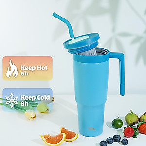 Konokyo Insulated Tumbler with Handle and Straw,40 OZ Vacuum Stainless Steel Water Bottle Travel Mug Metal Cup with Fruit Diffuser,Dark Blue