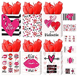 24 Pcs Valentine's Day Gift Bag Valentine's Kraft Paper Bags with Red Tissue Paper Heart Shaped Treat Goodies Bag Wrapping for Wedding Valentines Party Favor Decorations Kids Classroom Exchange Prizes