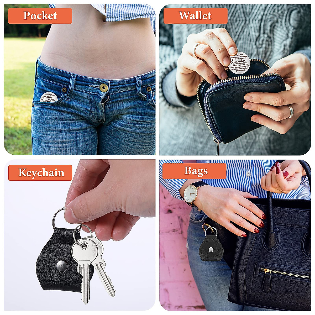 cobee Pocket Hug Token, Encouragement Long Distance Relationship Keepsake Stainless Stell Double Sided Inspirational Pocket Hug Token Gift with Leather Keychains for Family, Friends, Lovers(Style-A)