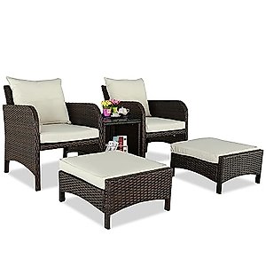 Do4U 5 Pieces Classic Blue Large Rectangular Wicker Conversation Set with PE Rattan and Glass Coffee Table for Patio, Backyard, Pool (Beige)