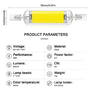 78mm 10W R7S LED COB Light Bulb 100W Equivalent T3 J78 J-Type Linear Bulb 120V R7S Base Dimmable 78mm Double Ended Flood Light Bulbs 360°Beam Angle Landscape Lights 6000K (Cool White, 4 Pack)