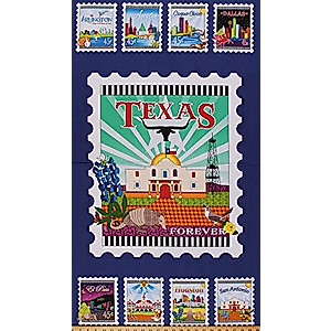 24" X 44" Panel Quilt Across Texas Postage Stamps Cities City Alamo Sightseeing Debra Gabel Cotton Fabric Panel (9334)