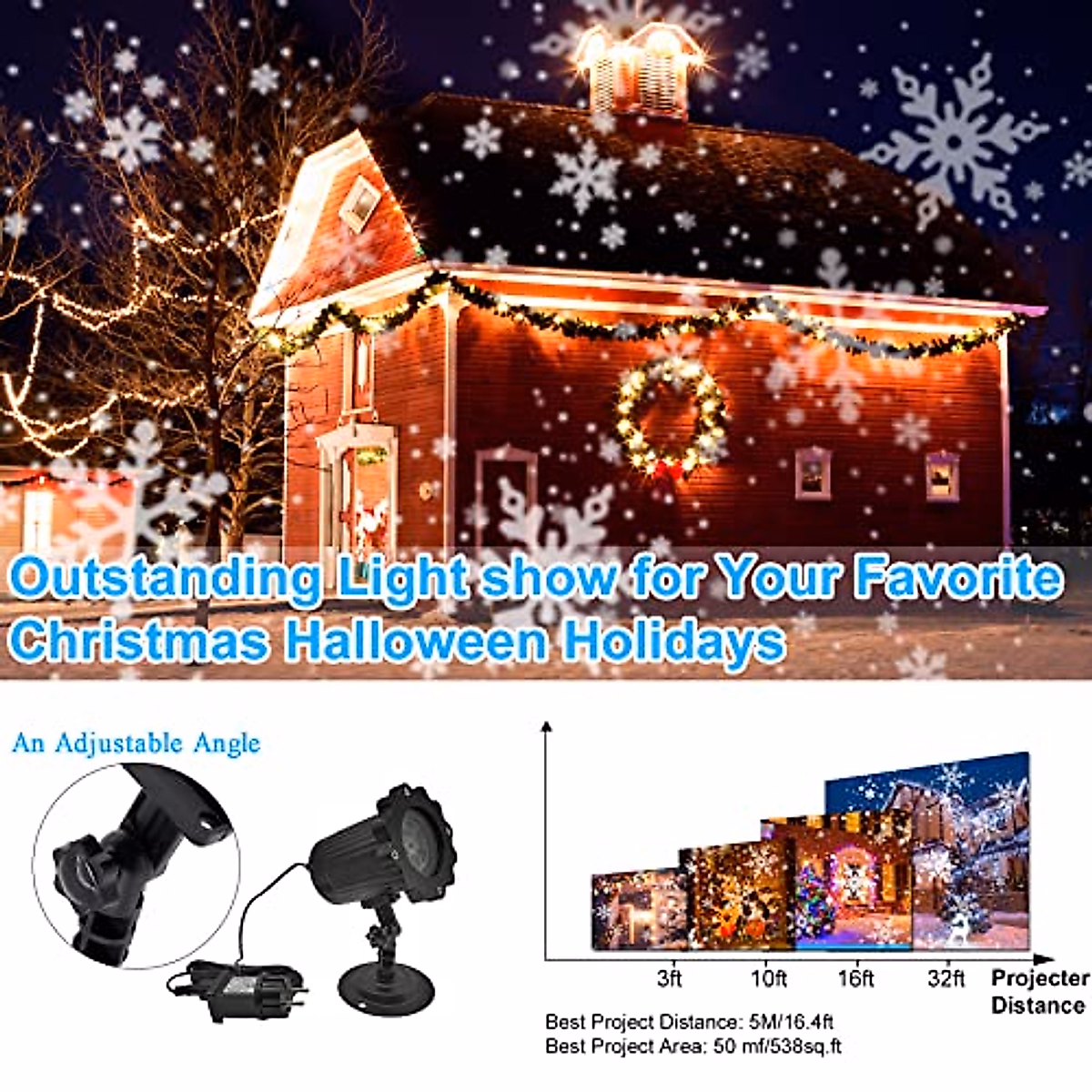 Christmas Snowflake Projector Lights, Dynamic Led Snowflake Projector Lights, White Snow Projection Outdoor and Indoor Decorative Lighting for Halloween Xmas New Year Wedding Party Holiday