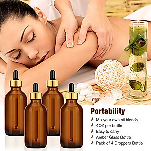 PrettyCare Eye Dropper Bottles 4 oz 4 Pack (Glass Bottles 120ml with Golden Caps, 12 Labels, Funnel & Measured Pipettes) Empty Tincture Bottles for Essential Oils (Amber)