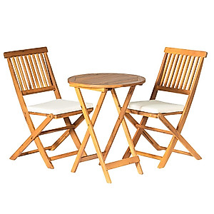 Panana 3PCS Patio Bistro Set Acacia Wood Folding Table Chairs with Cushions Foldable Patio Furniture Set for Outdoor Garden Deck Yard (Round)