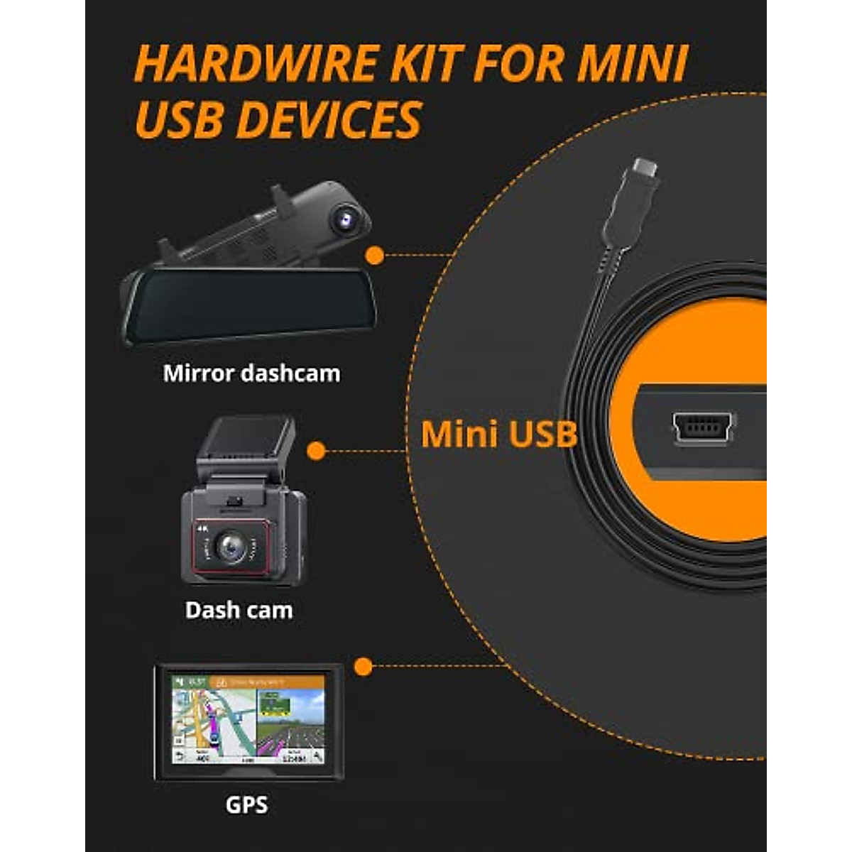 Kingslim Dash Cam Hardwire Kit - Mini USB Hard Wire Kit Fuse for D4 D5 D1 D2 PRO Dashcam, Compatible 12V-24V Vehicles Low Voltage Protection 10.5ft, Black (H01)