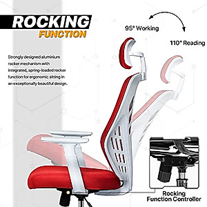 MoNiBloom Home Office Mesh Seat Chair with Headrest and Wheels, Rolling Swivel Computer Chair with T Shape Armrest for Adults, Red