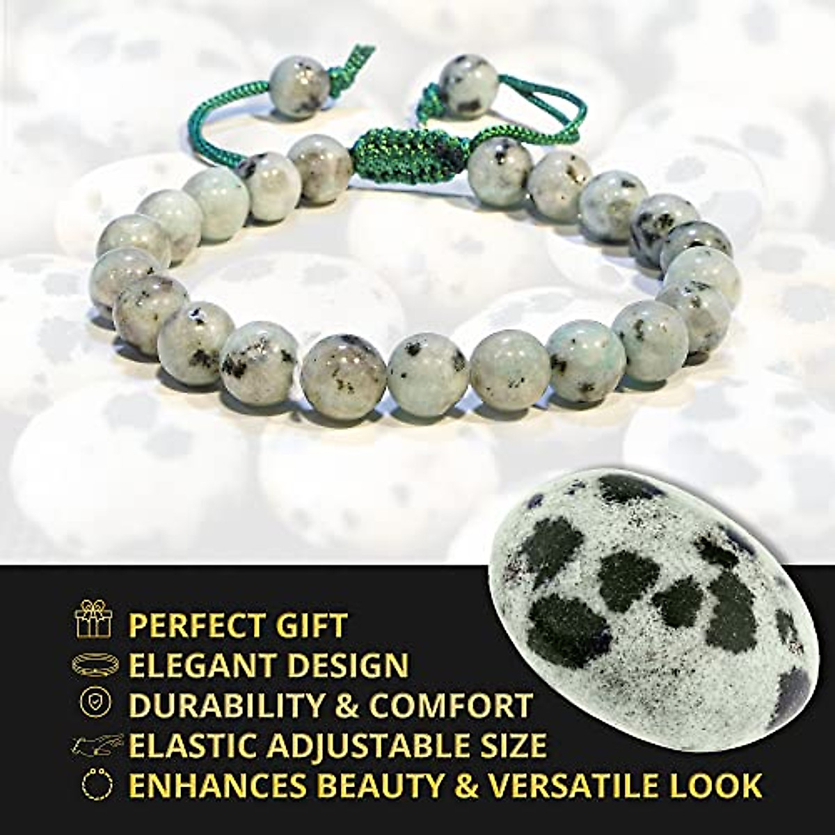Adjustable Crystal Bracelet – Kiwi Jasper Gemstone Bead Bracelet – Chic Gemstone Bracelet for Men and Women – 8mm Round Healing Crystal Bead Bracelets (Kiwi Jasper)