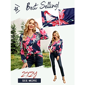 ZXZY Womens Hawaiian Shirt Vintage Leaf Floral Printed Tropical Tops V Neck Puff Long Sleeves Shirts Blue