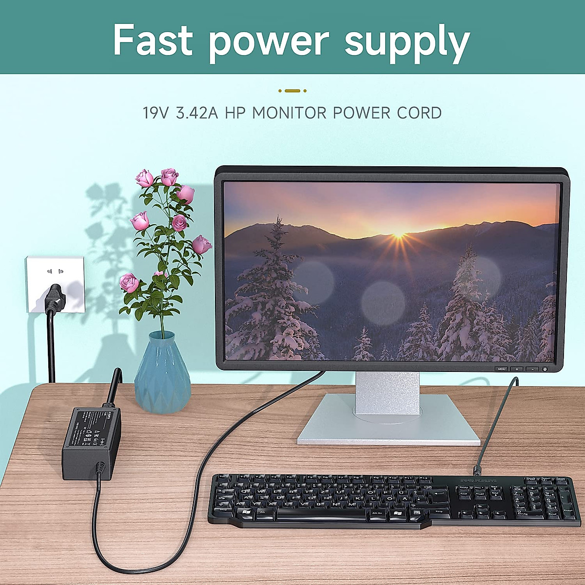 19V HP Monitor Power Cord for VH240A, 22CWA, 27F, 24F, 23ES, 24M, 25VX, 27EB, 27XW, 27XI, 27BW, 27ER, 27ES, 25XW, 25BW, 25XI, 24EA, 23XI, 23BW, ADPC1945; 27" 25" 23.8" 23" 21.5" 20" Power Supply