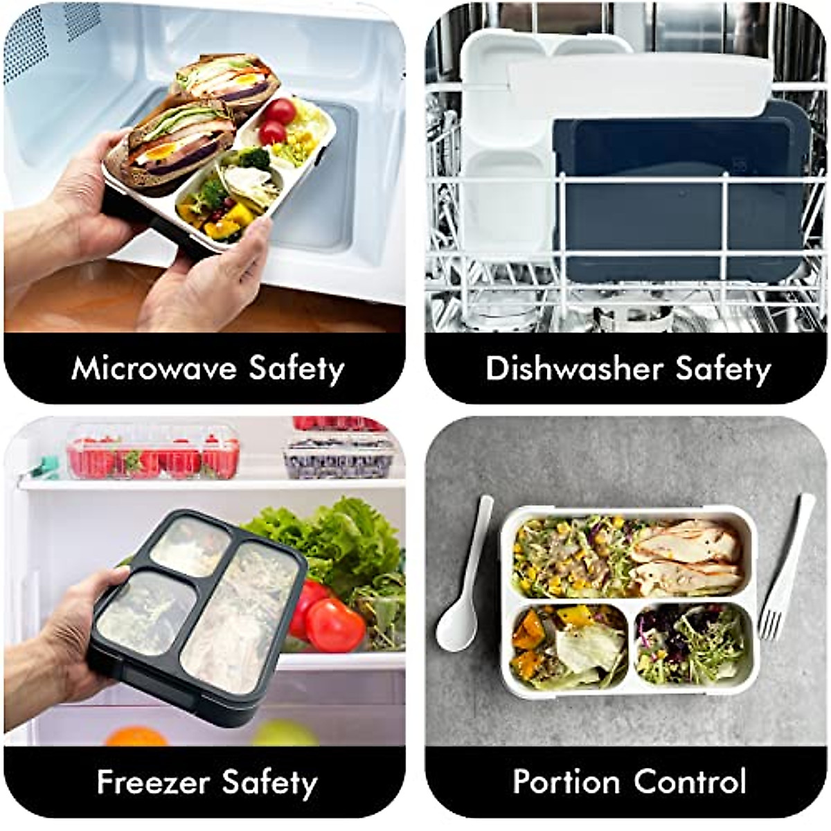 HCYWOC Bento Box Adult Lunch Box, 1000ml Bento Lunch Box for Kids, 3 Compartment Lunch Containers for Older Kids and Portion-controlled Adult, BPA Free, Leak-proof, Microwave/Dishwasher Safe