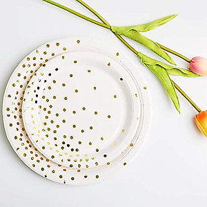 Guang Mao White and Gold Party Supplies-180 PCS Serves 30 Dinnerware Gold Dot Paper Plate, Napkins, Gold Plastic Forks Knives Spoons for Graduation, Birthday, Cocktail Party