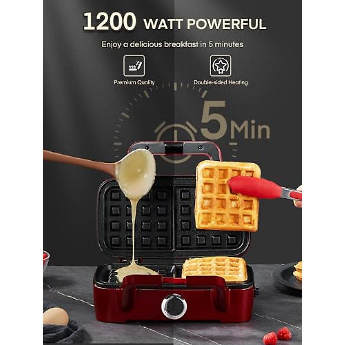3-in-1 Sandwich Maker, 1200W Grill, Waffle and Sandwich Maker, 5 Speed Temperature Control, 3 Non-Stick and Removable Plates, Cold Touch Handle, LED Light Indicators, BPA Free, Red