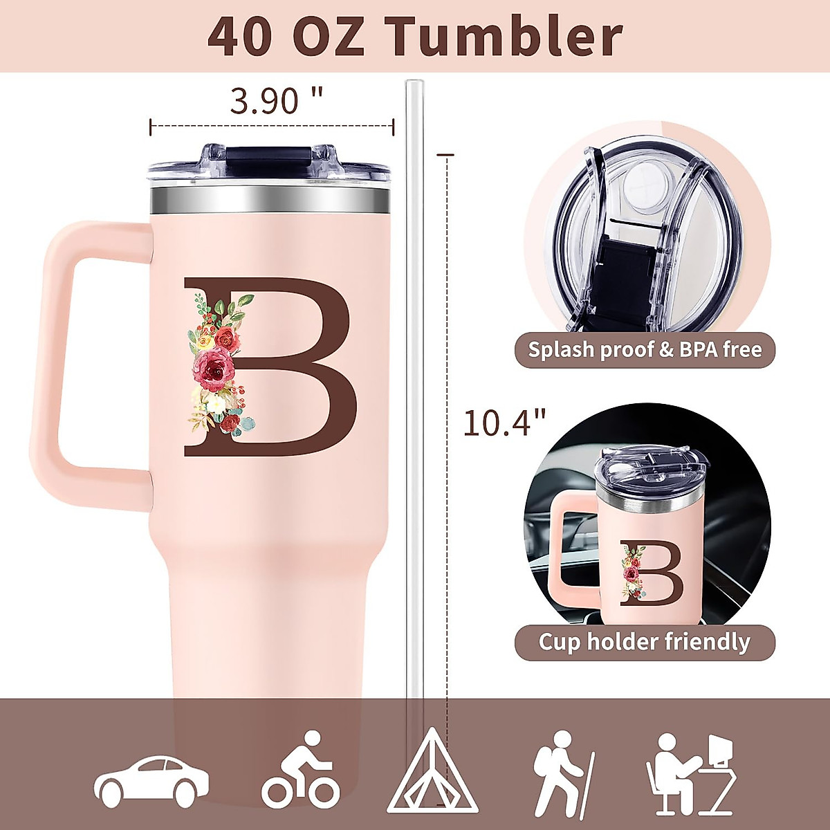 Monogrammed 40oz Tumbler with Handle for Women, Personalized Birthday Gifts for Women,Initial Cups for Girl Floral Letter B,Customized Gifts for Woman Lady Gift for Mothers Day Christmas