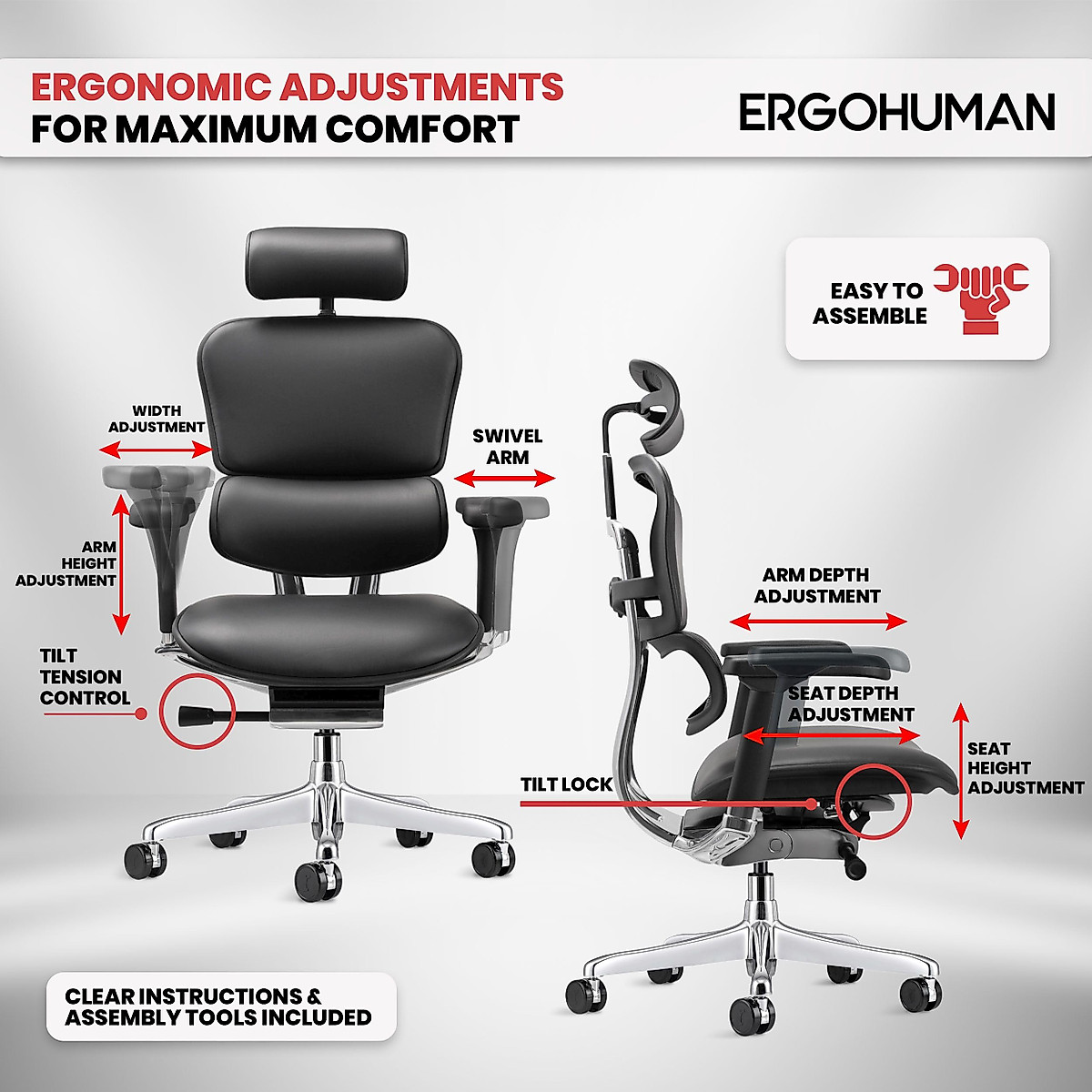 Ergohuman Eurotech LE9ERG Executive High Back Leather Swivel Chair - Office Chair with Tilt Tension Control, Tilt Lock, Back Angle & Height, Synchro Tilt, Seat Height & Depth, & Arm Height Adjustments
