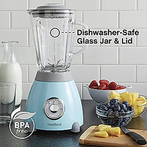 West Bend Blender Retro-Styled 3 Speeds with 48 oz Glass Blending Jar and Stainless Steel Blade, 500-Watts, Blue