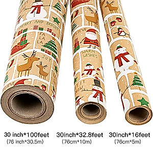 RUSPEPA Christmas Wrapping Paper, Jumbo Roll Kraft Paper - Red and Green Santa Claus, Polar Bear, Penguin, Snowman, Reindeer and Sleigh Design for Holiday Gift Wrap - 30 Inches x 100 Feet